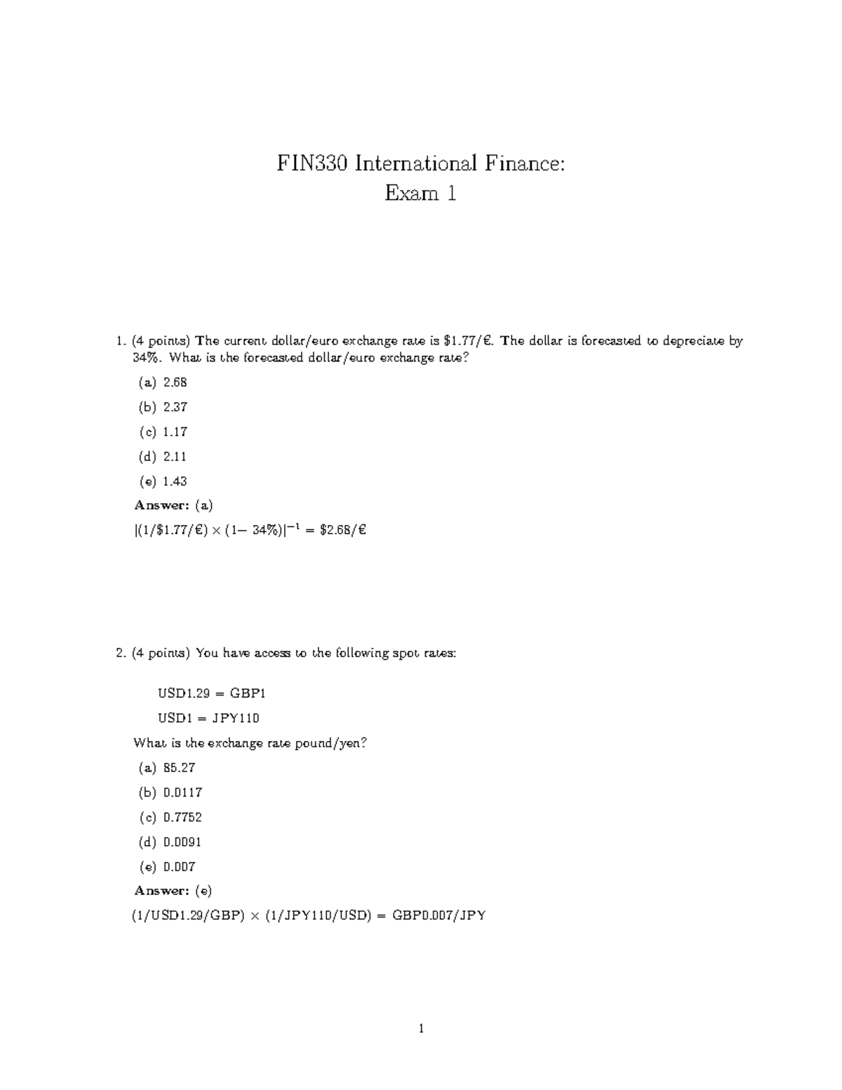 FIN330 Exam 1 Solved 2023 FA1 - FIN330 International Finance: Exam 1 (4 ...