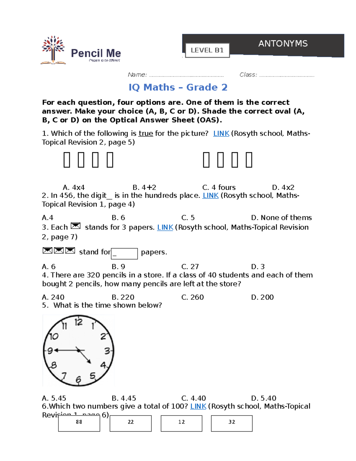 Test Grade 2 Đề - Toán iq - LEVEL B ANTONYMS IQ Maths – Grade 2 For ...