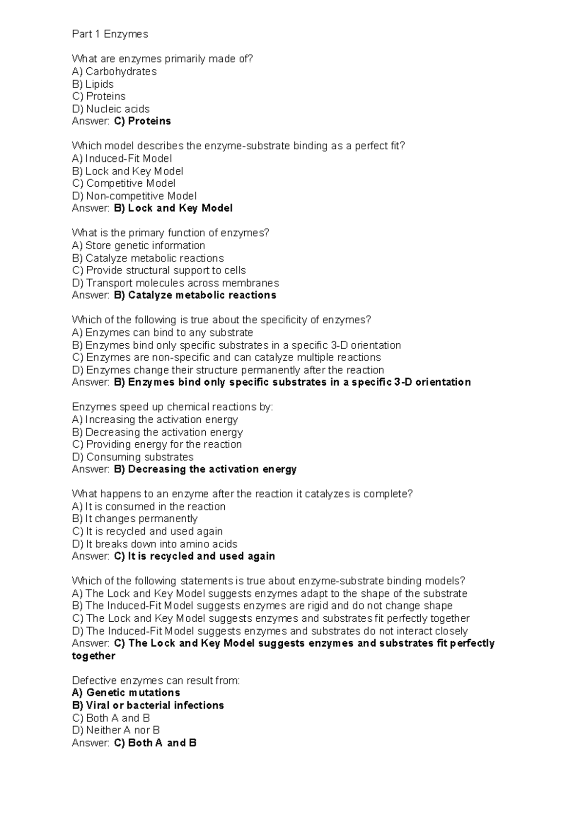 Enzymes and Carbohydrates Sample Questions for Biochemistry Exam - Part ...