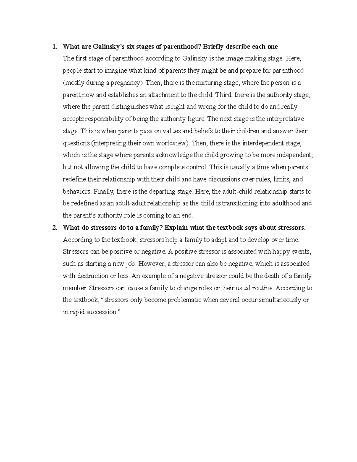Ch. 4 Essay Questions - What are Galinsky’s six stages of parenthood ...
