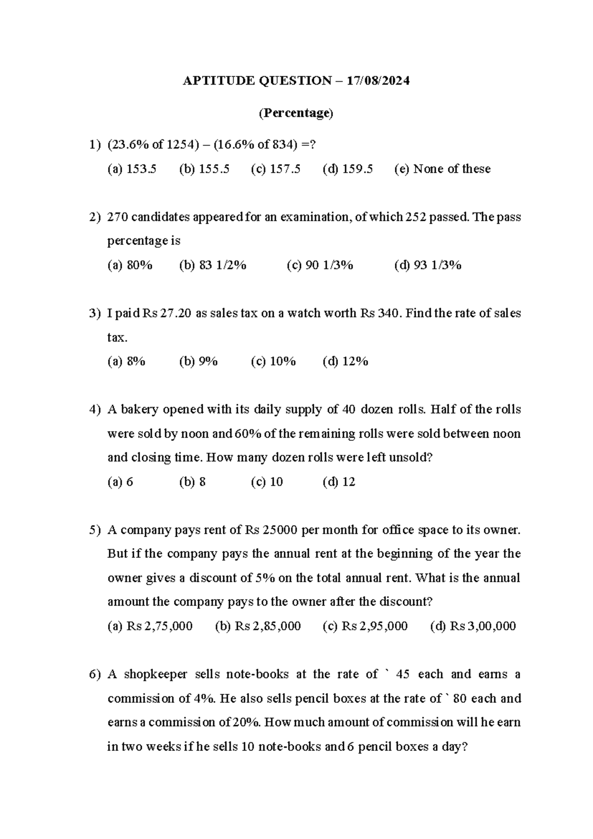 Aptitude Question – 17-08-2024 - Percentage - APTITUDE QUESTION – 17 ...