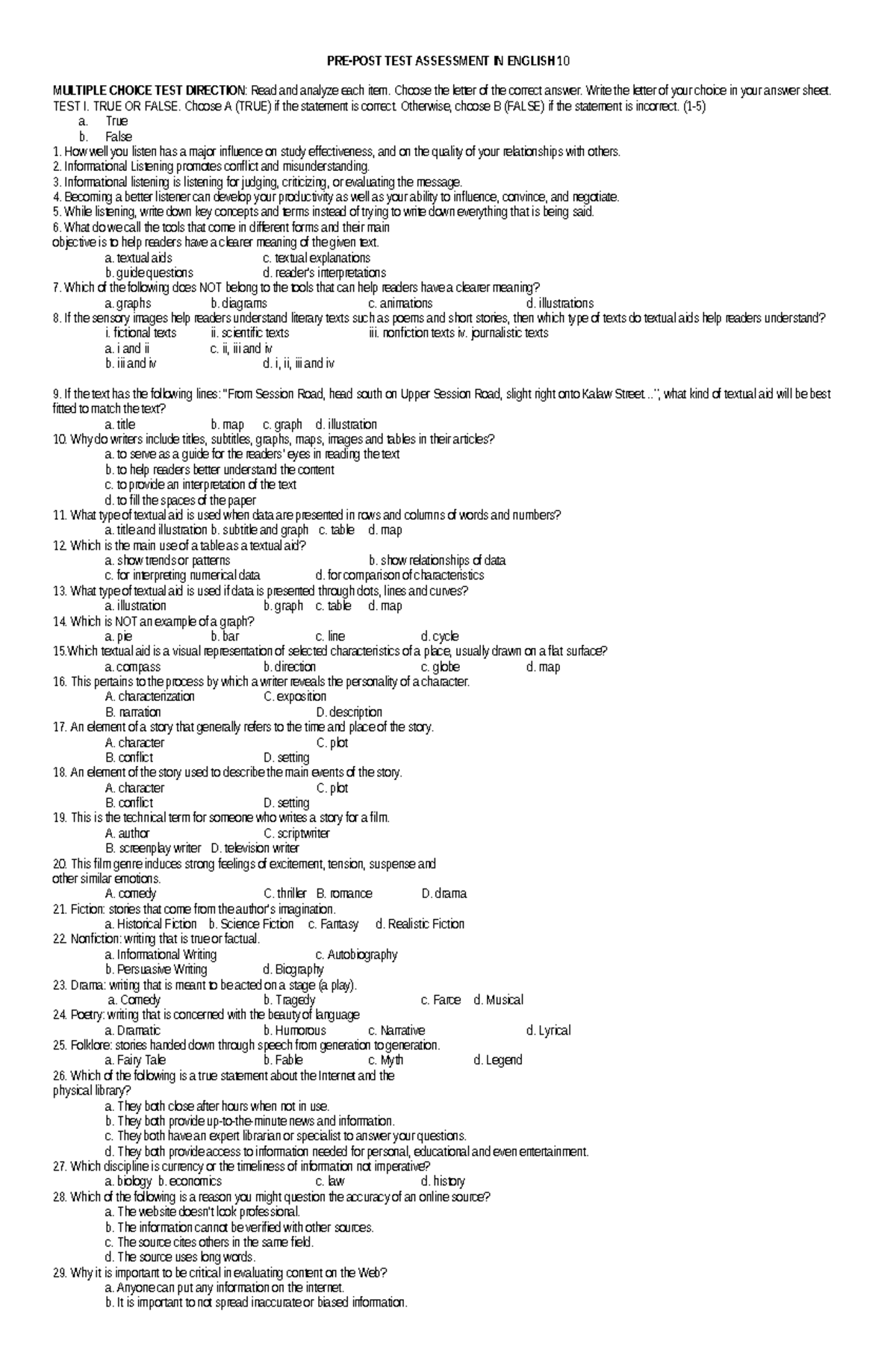 Daily Lesson Log - PRE-POST TEST ASSESSMENT IN ENGLISH 10 MULTIPLE ...