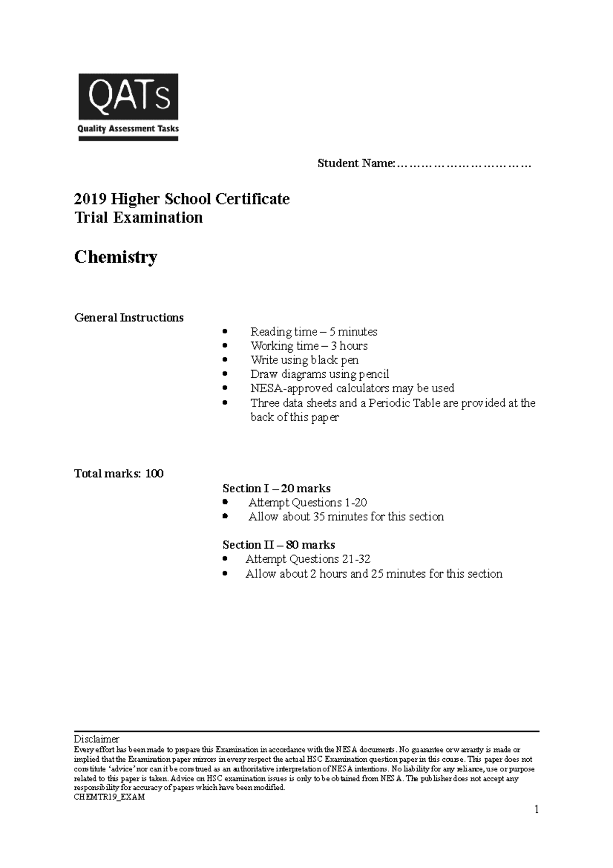2019 12 CHE Trial QAT Exam - Student Name ...