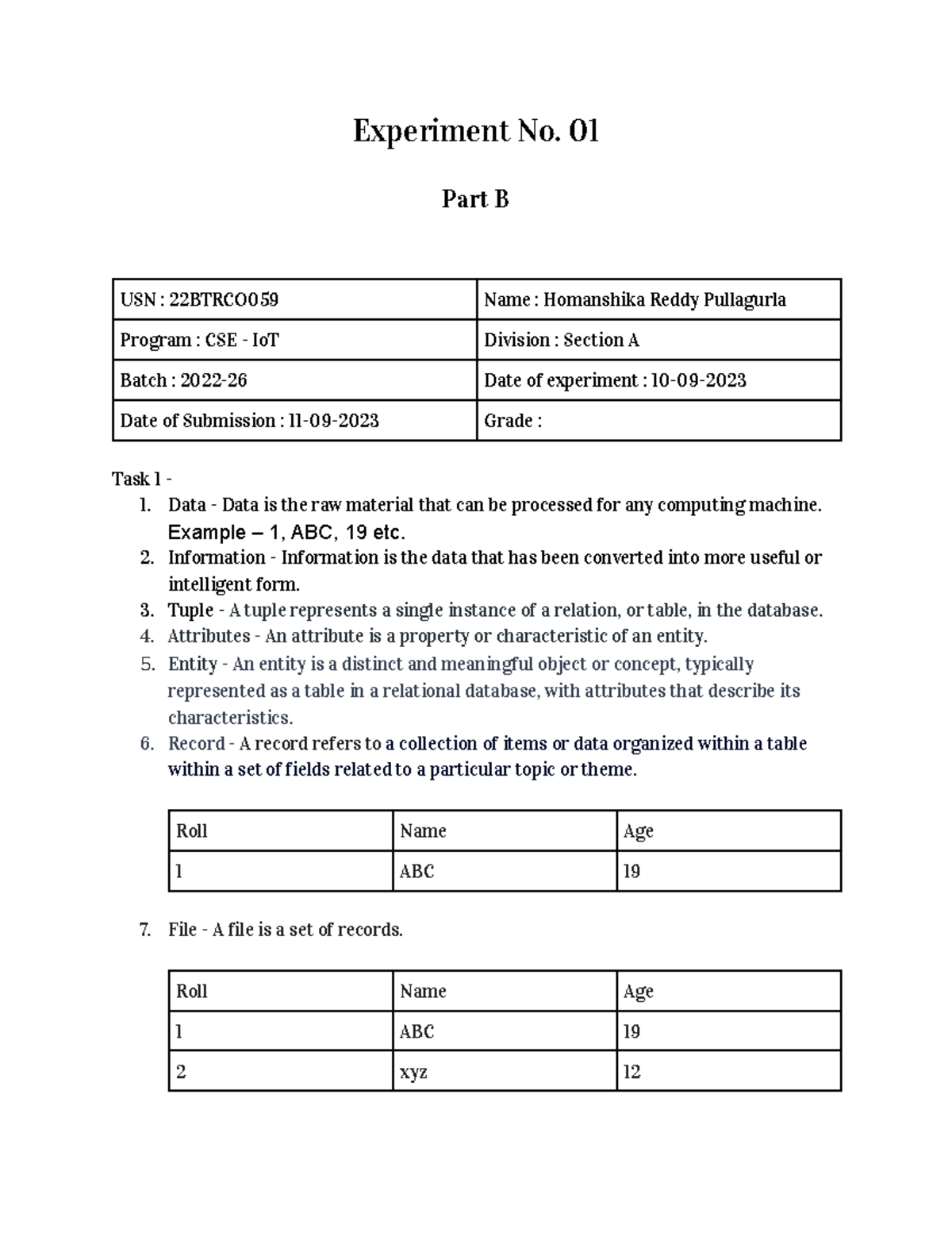 Dbms-exp1 - Google Docs - Experiment No. 01 Part B USN : 22BTRCO059 Name : Homanshika Reddy ...