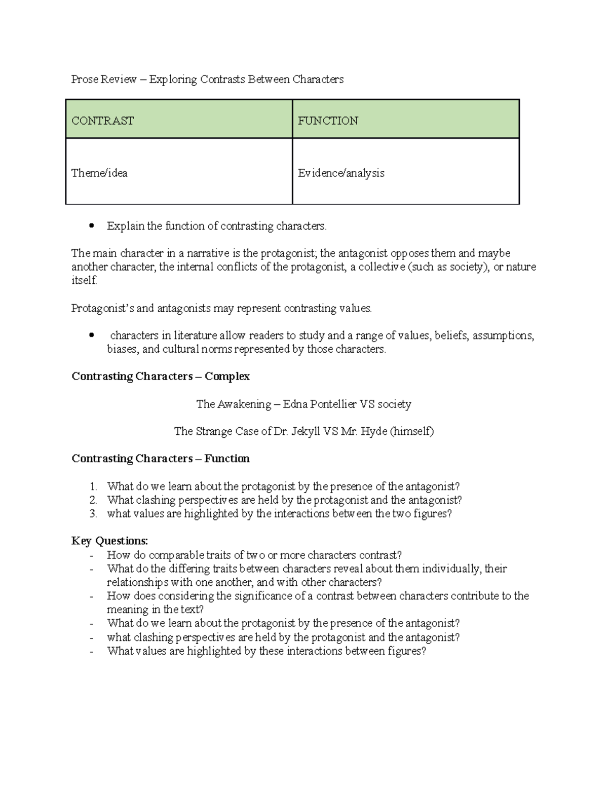 Prose Review Notes - Prose Review – Exploring Contrasts Between ...