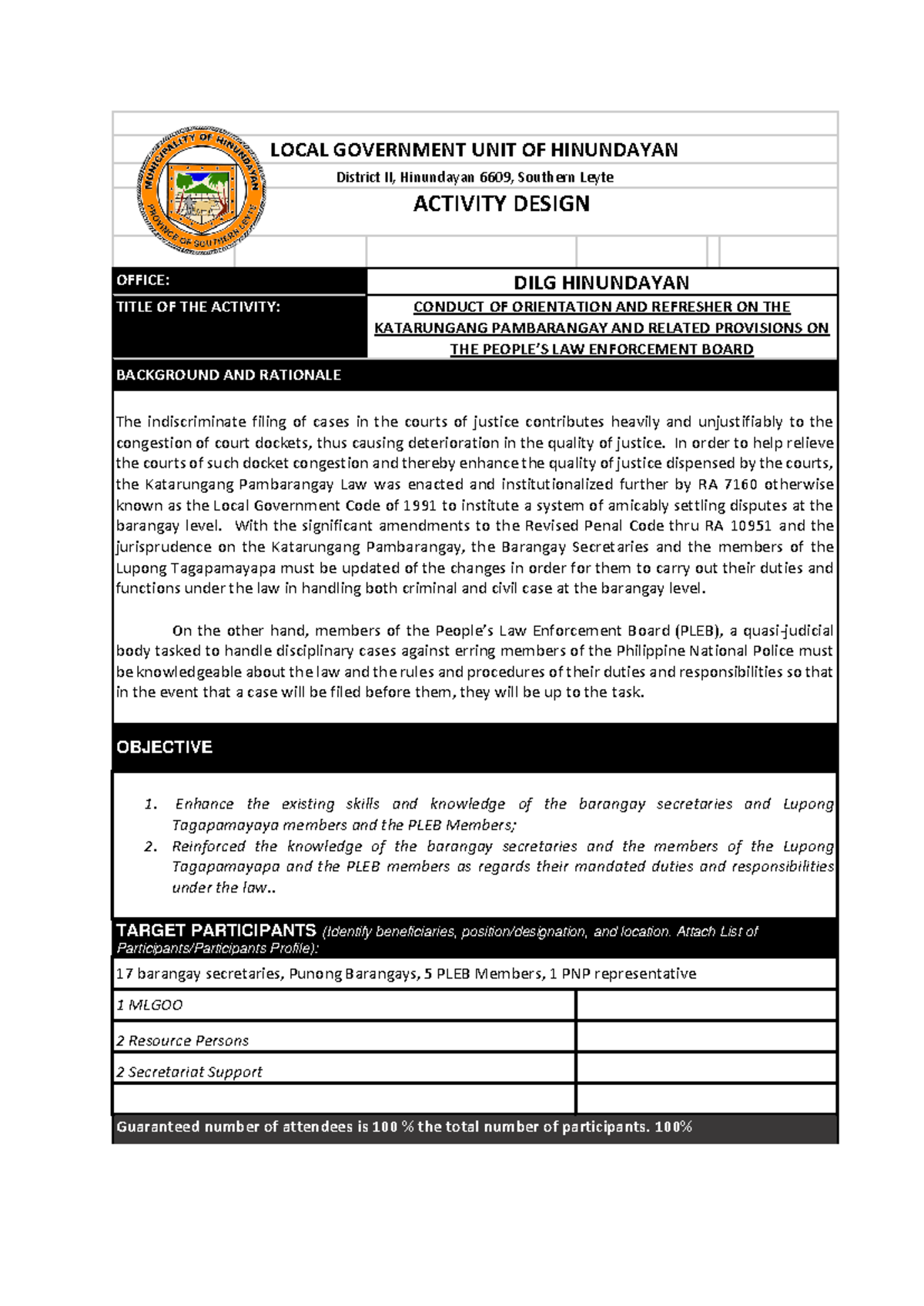 Activity Design kp refresher - LOCAL GOVERNMENT UNIT OF HINUNDAYAN ...