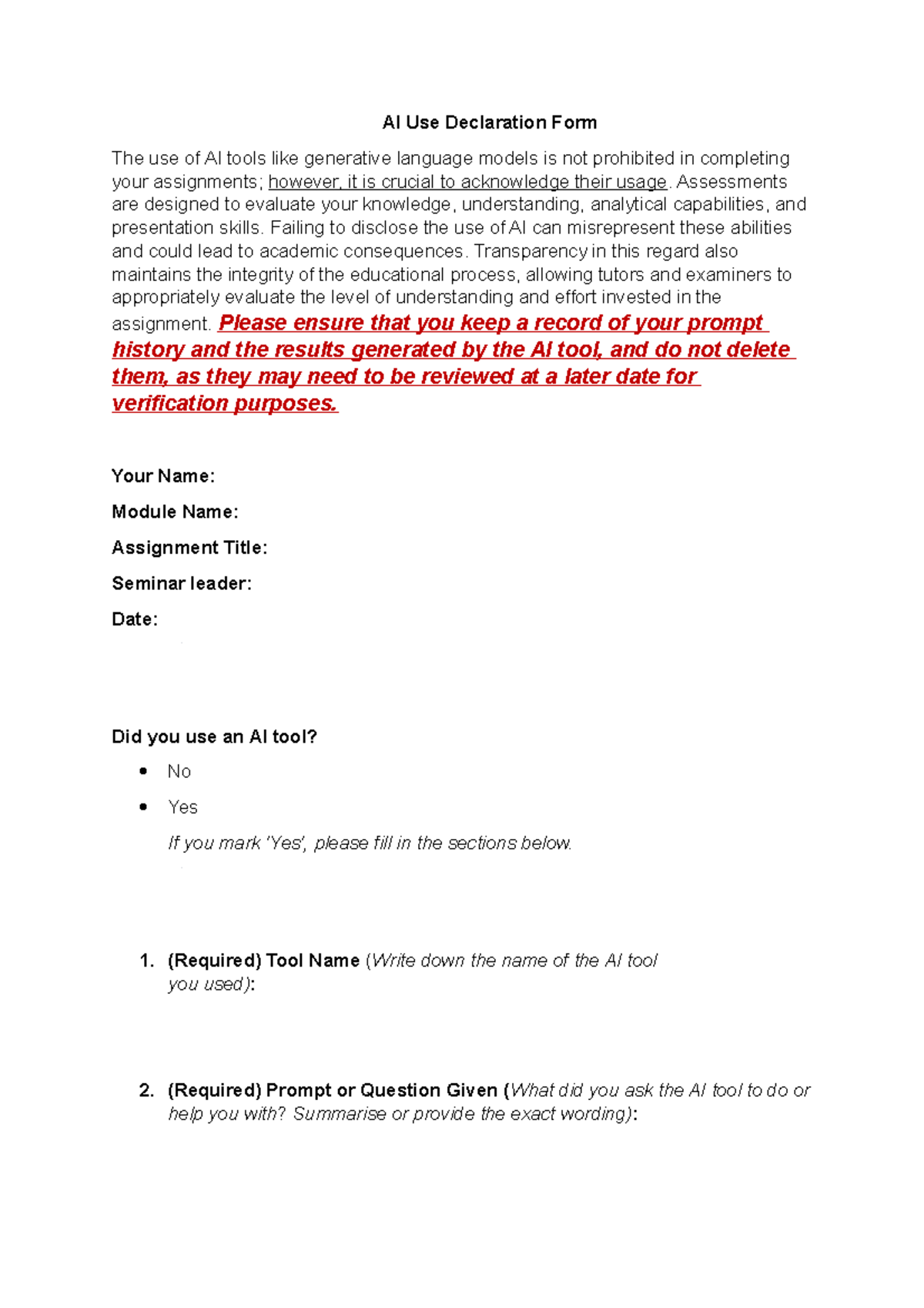 Ai Use Declaration And Acknowledgement Form For Assignments 2024 Ai Use Declaration Form The 9125