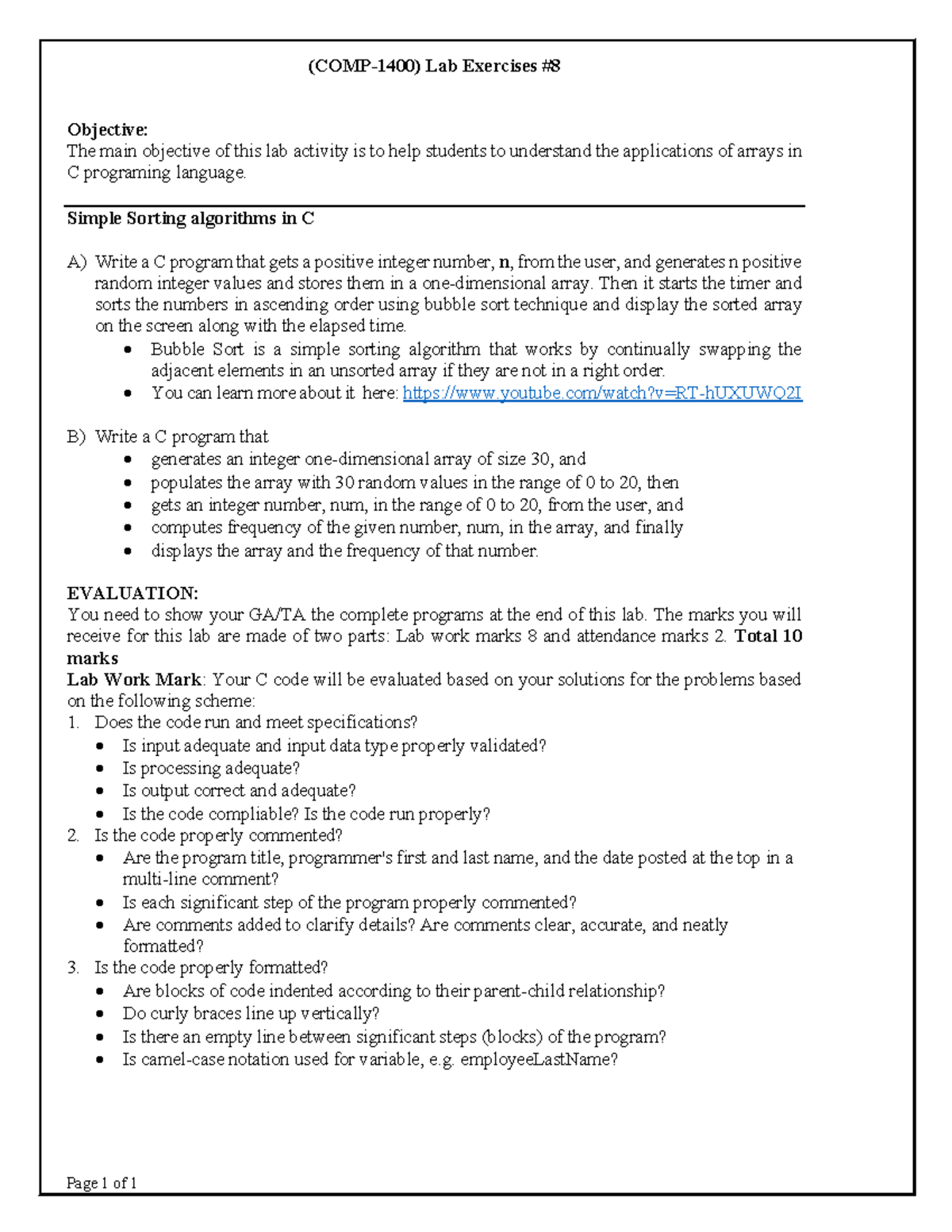 Lab 8 Assignment - Page 1 of 1 (COMP-1400) Lab Exercises # Objective ...