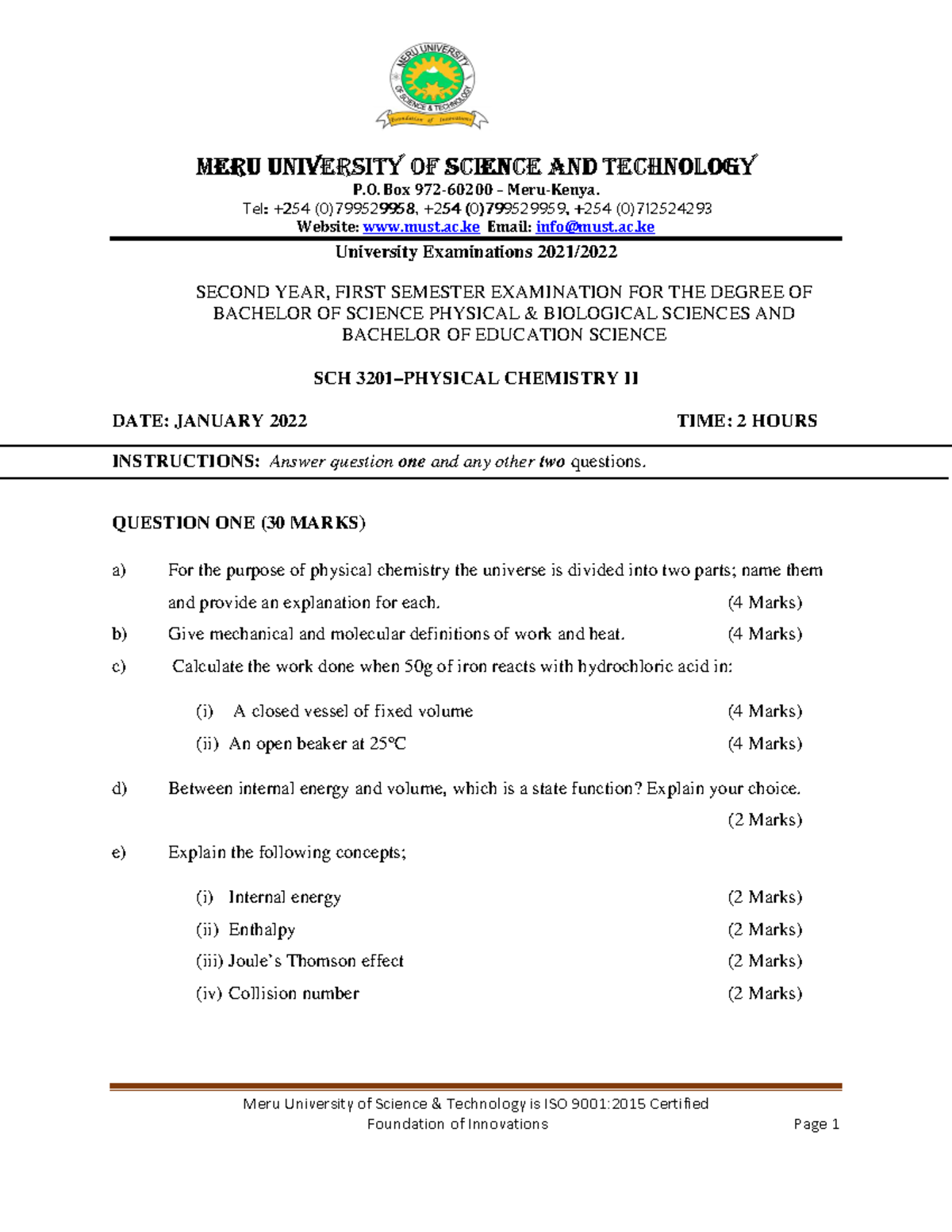 SCH 3201– Physical Chemistry II - Meru University of Science & Technology is ISO 9001:2015 - Studocu