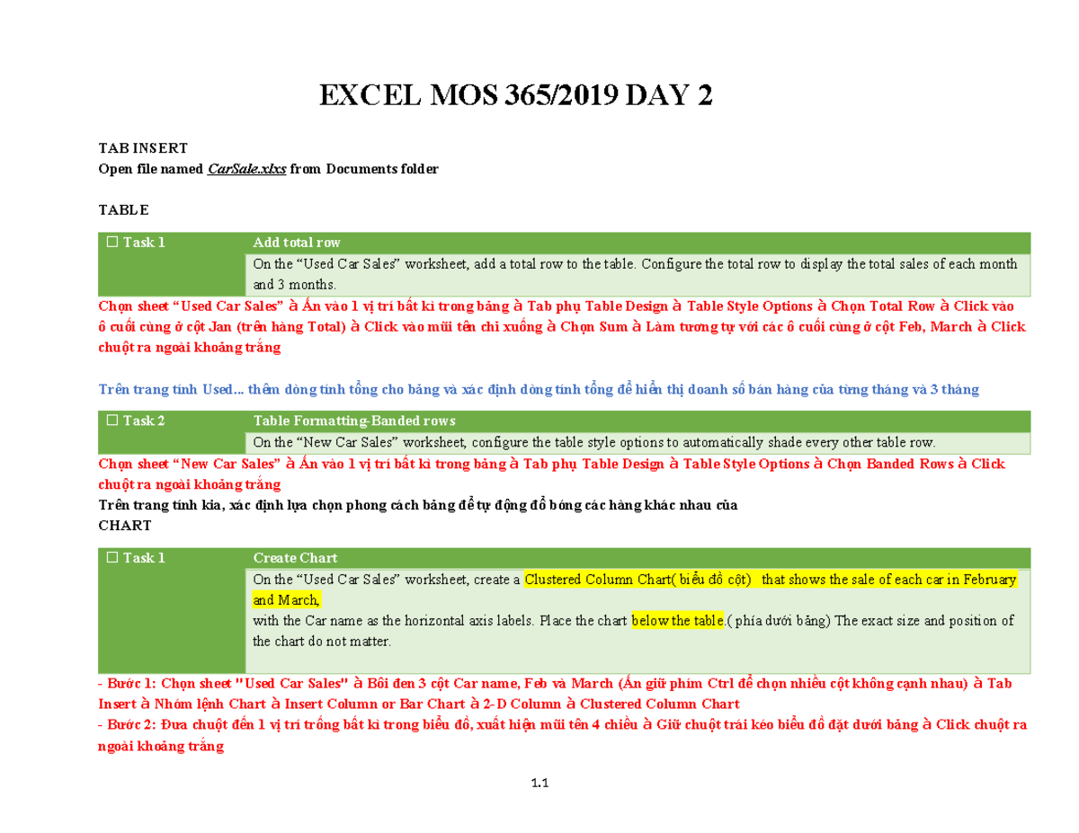 Các bước làm Excel Day 2 - EXCEL MOS 365/2019 DAY 2 TAB INSERT Open ...