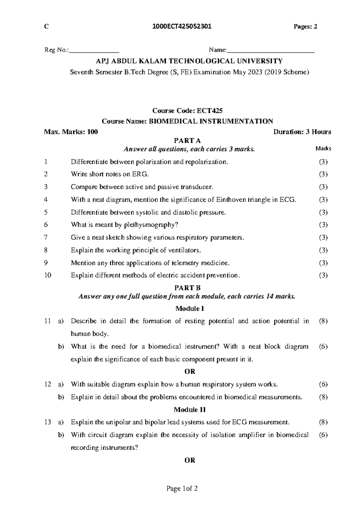 ECT425-QP 2 - its a previous year qp - 1000ECT Page 1 of 2 Course Code: ECT Course Name ...