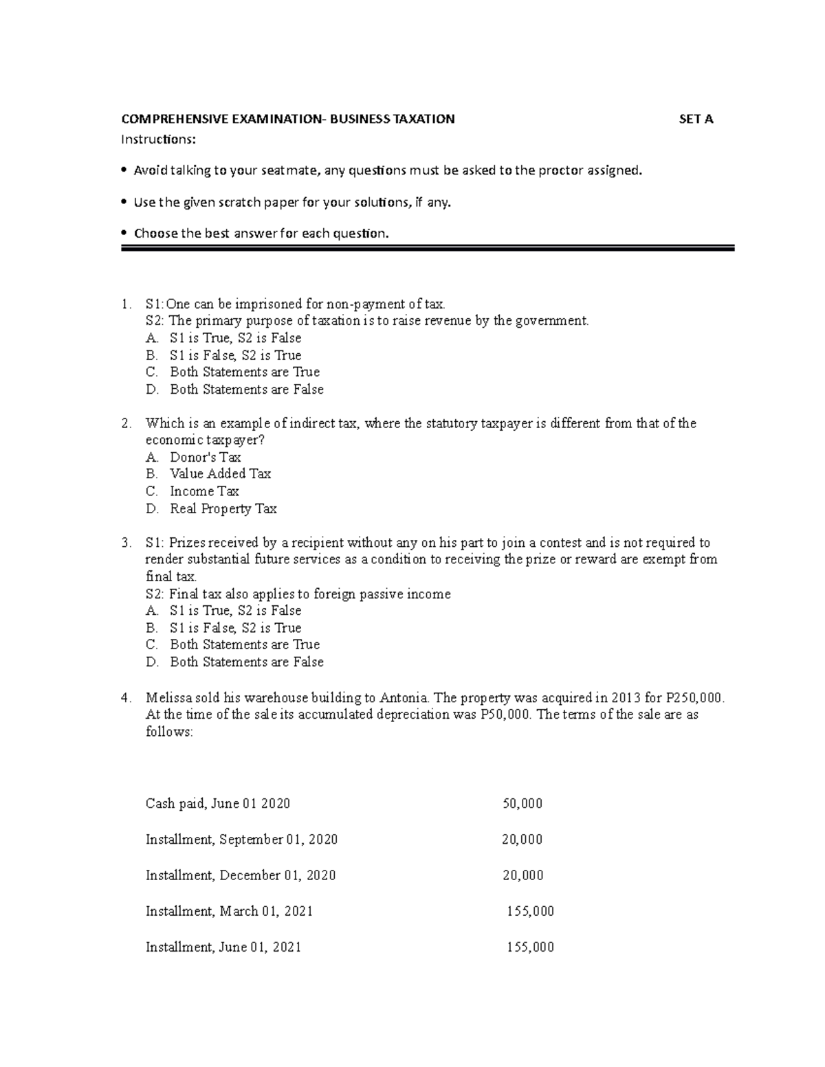 Comprehensive Exam Taxation Set A - COMPREHENSIVE EXAMINATION- BUSINESS ...