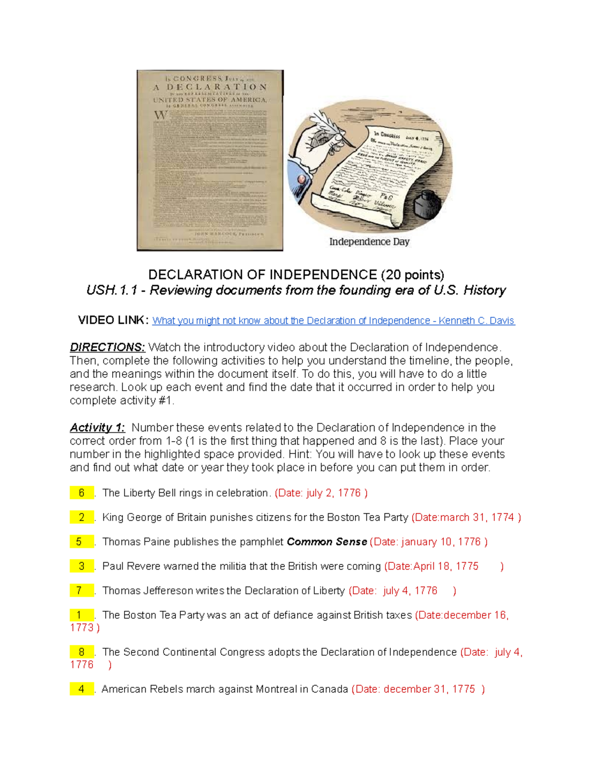 4 Declaration OF Independence - DECLARATION OF INDEPENDENCE (20 points ...