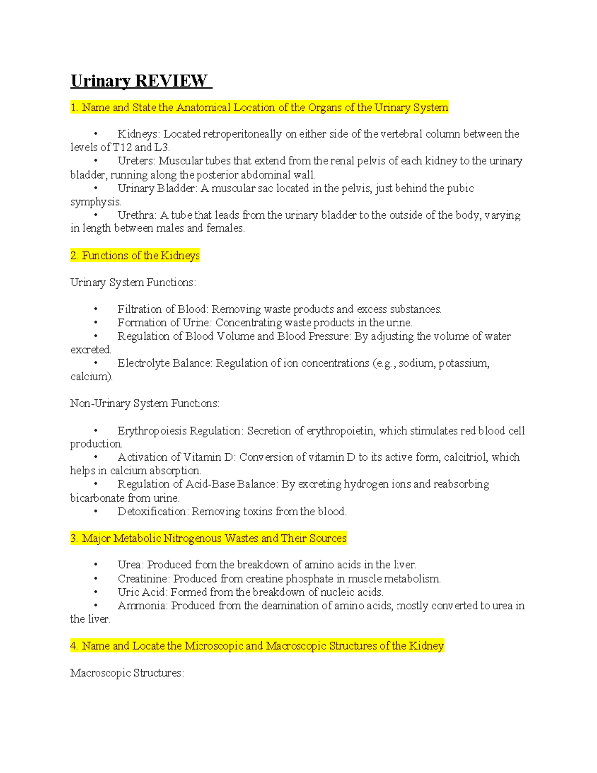 Urinary System Anatomy and Functions Review (BIO 101) - Urinary REVIEW ...