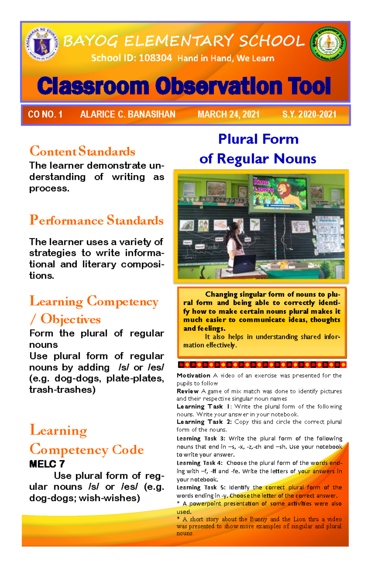 COT 1 March 24 Publisher - Classroom Observation Tool BAYOG ELEMENTARY ...