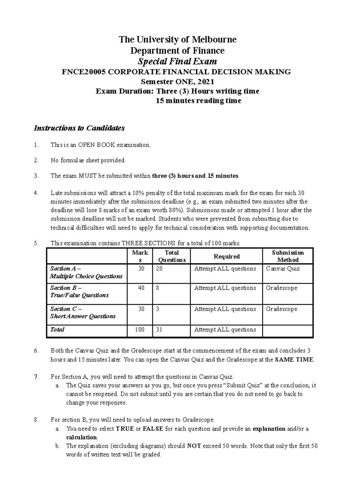 FNCE2000 5 - Semester 1, 2021 Special Exam Instructions - The ...