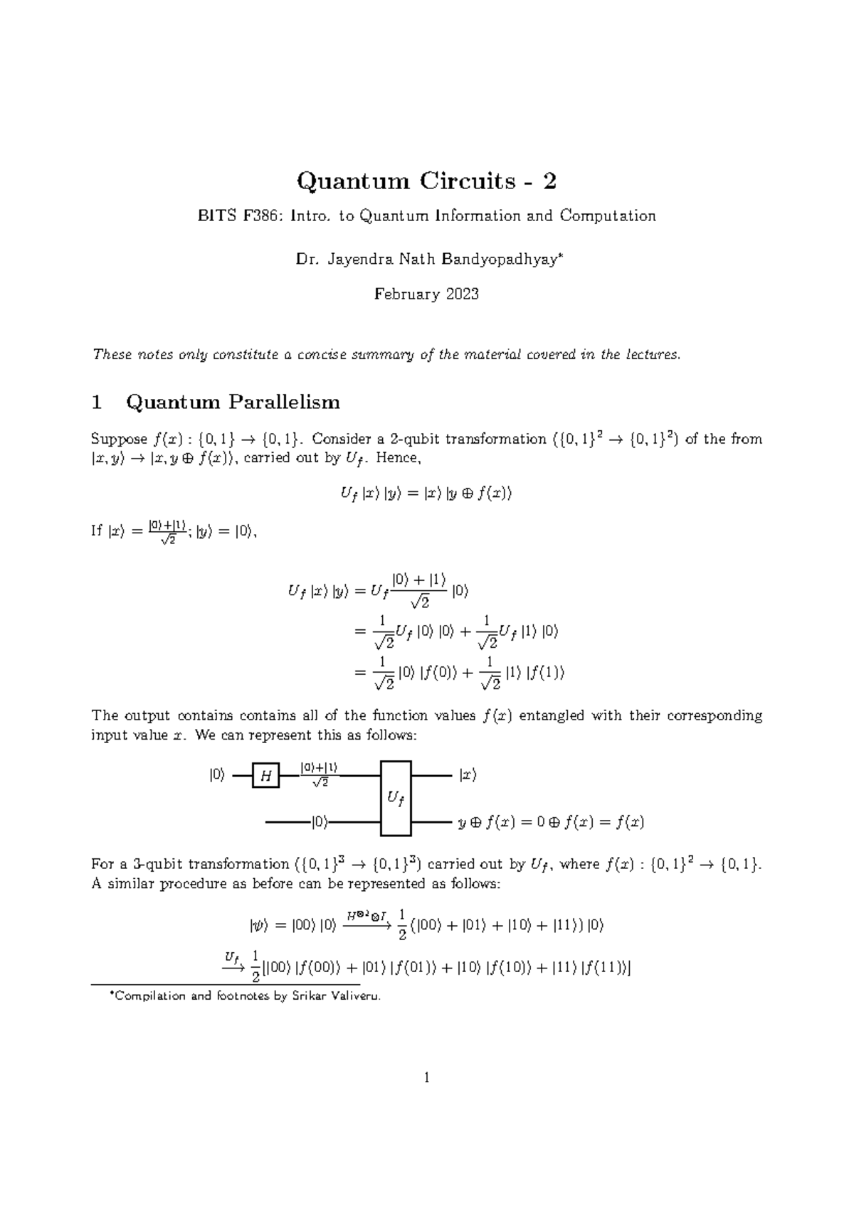Quantum Circuits 2 Lecture Notes Quantum Circuits 2 Bits F386 Intro To Quantum