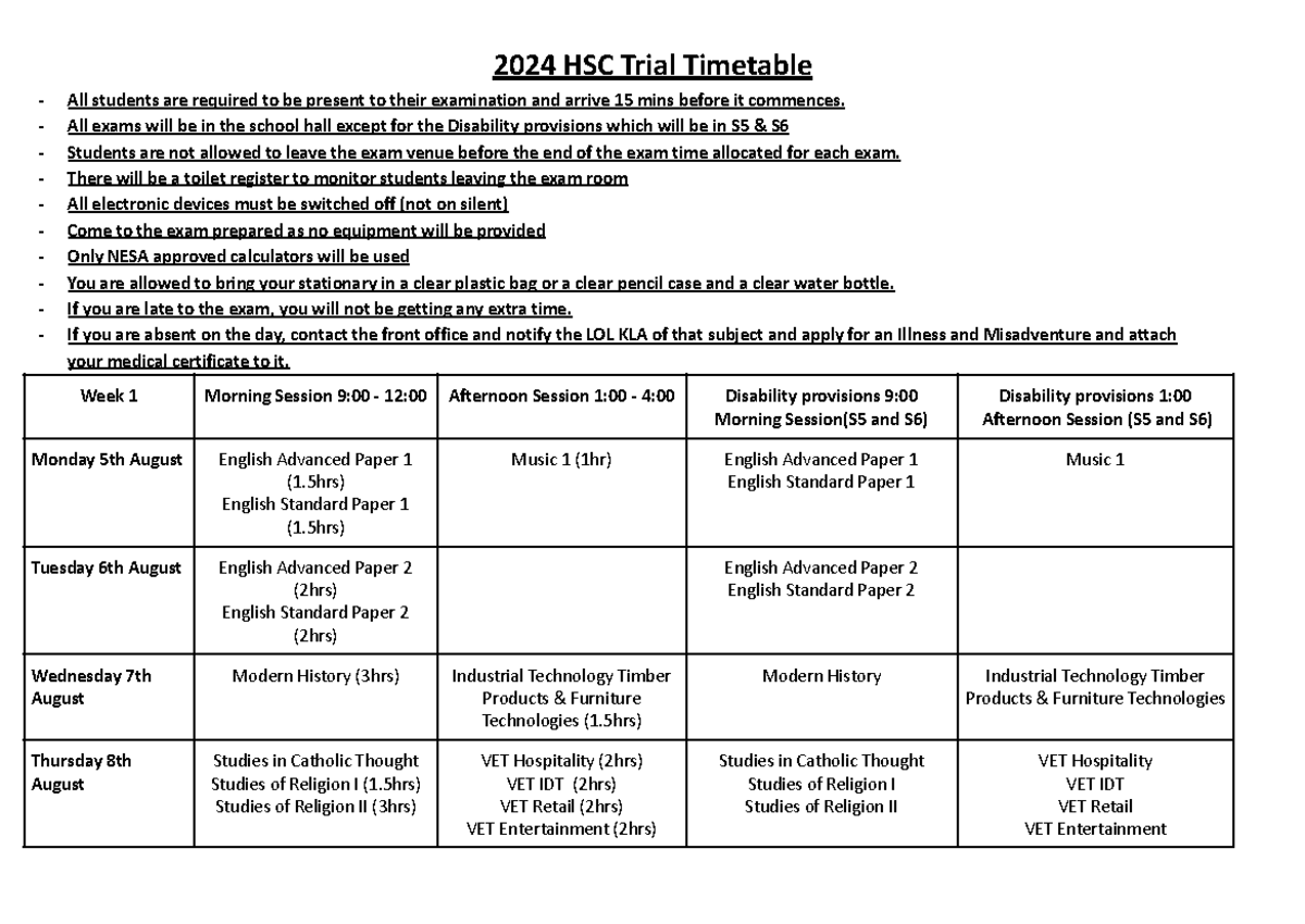 2024 HSC Trial Timetable - 2024 HSC Trial Timetable All students are ...