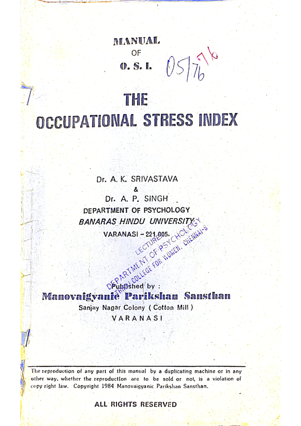 OSI Manual - Used for assessments - MANUAL OF O. S. I. THE OCCUPATIONAL ...