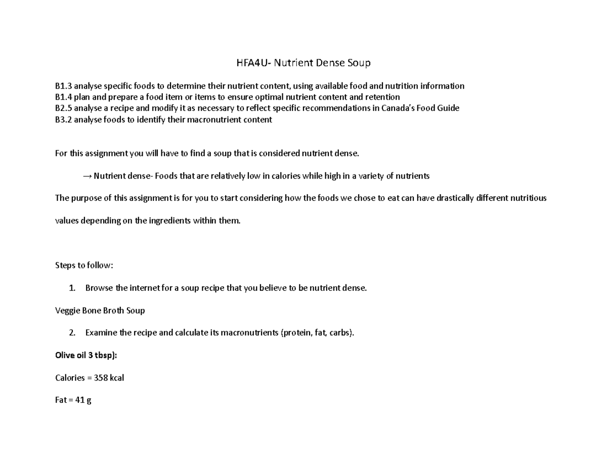 Copy of HFA4U- Nutrient Dense Assignment - HFA4U- Nutrient Dense Soup ...