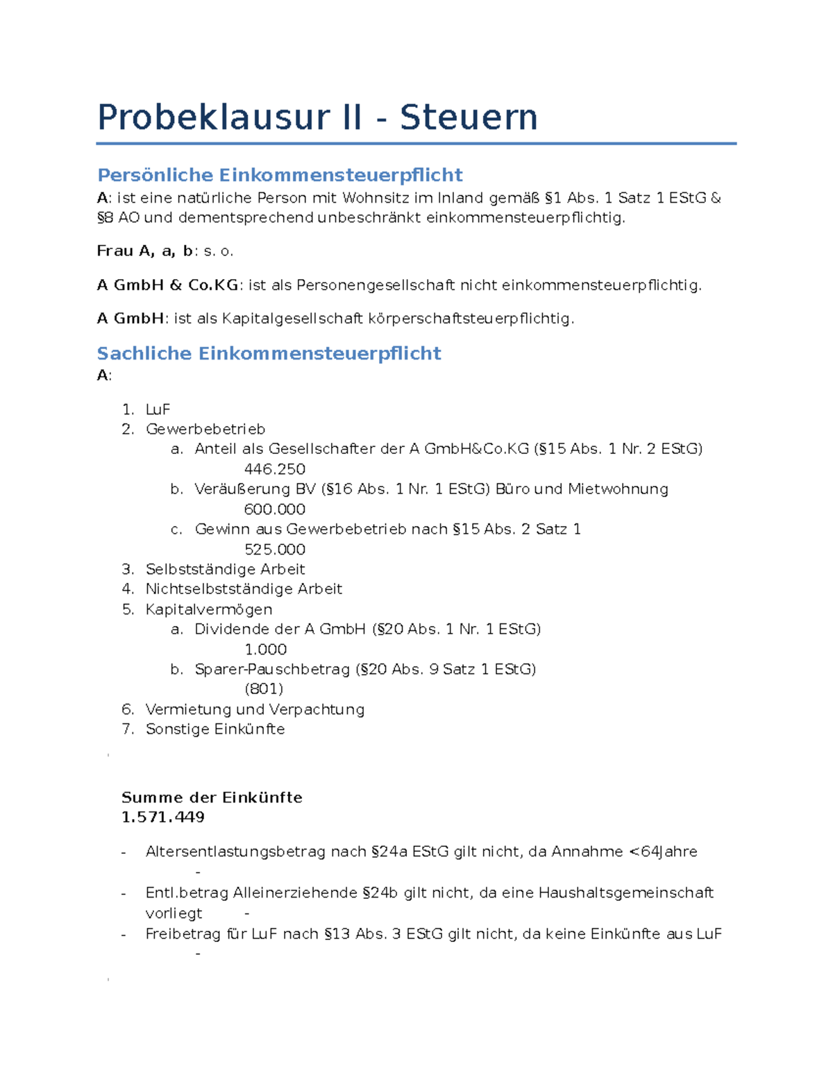Klausur 16 Juli 2017, Fragen und Antworten - Probeklausur II - Steuern Persönliche - Studocu