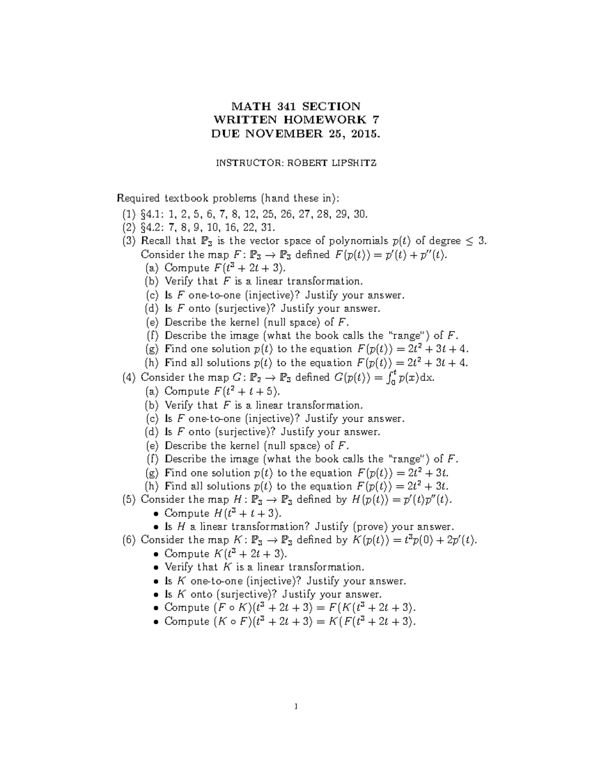 Homework assignment 7 - MATH 341 SECTION WRITTEN HOMEWORK 7 DUE ...