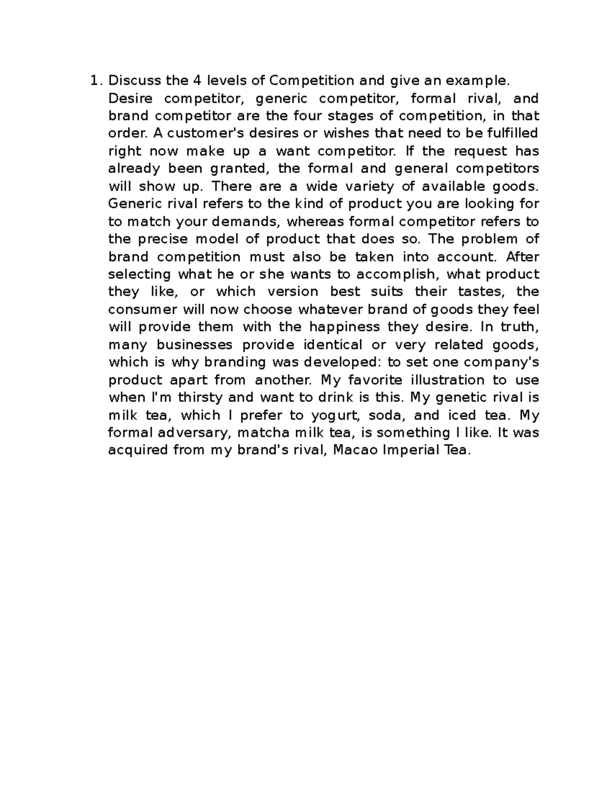 Essay 1 - Discuss the 4 levels of Competition and give an example ...