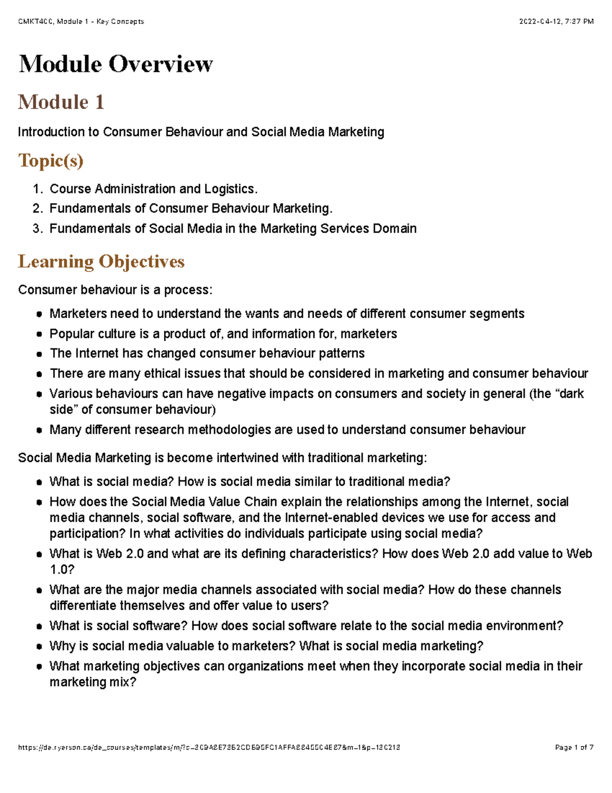 CMKT400, Module 1 - Key Concepts - Cmkt 400 - Toronto Met - Studocu
