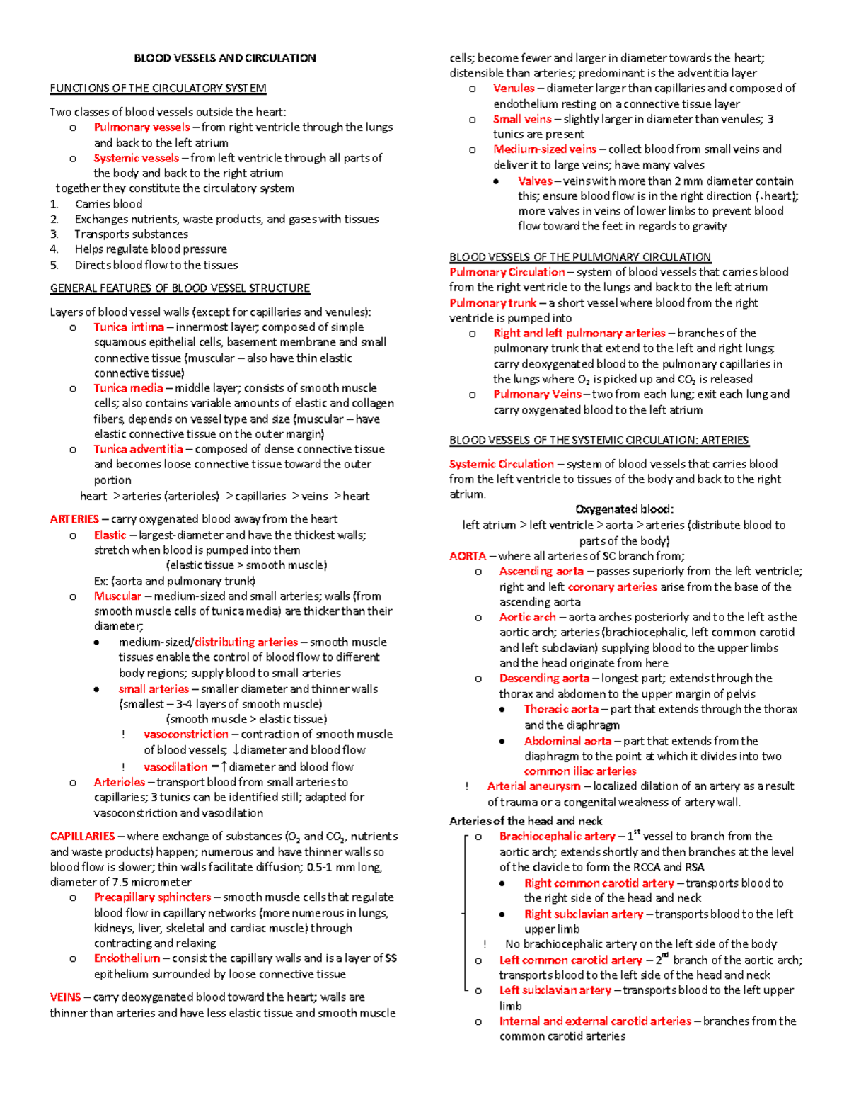 Blood Vessels AND Circulation Notes - BLOOD VESSELS AND CIRCULATION ...