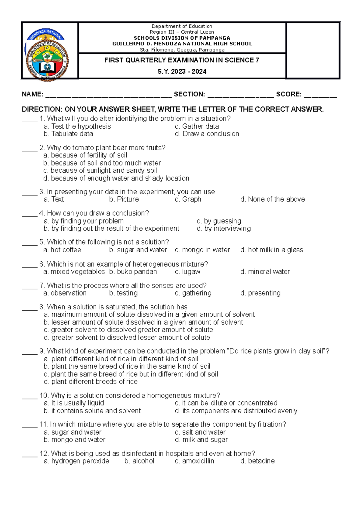 Science 7 1st Quarter Exam - Department of Education Region III ...