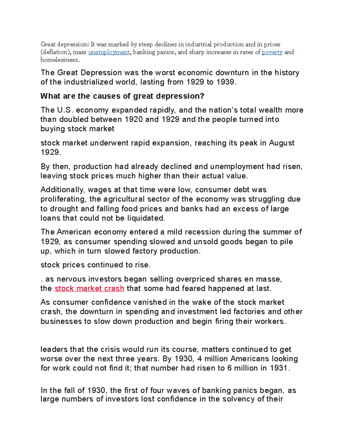 Basic summaries of classical - Great depression: It was marked by steep ...