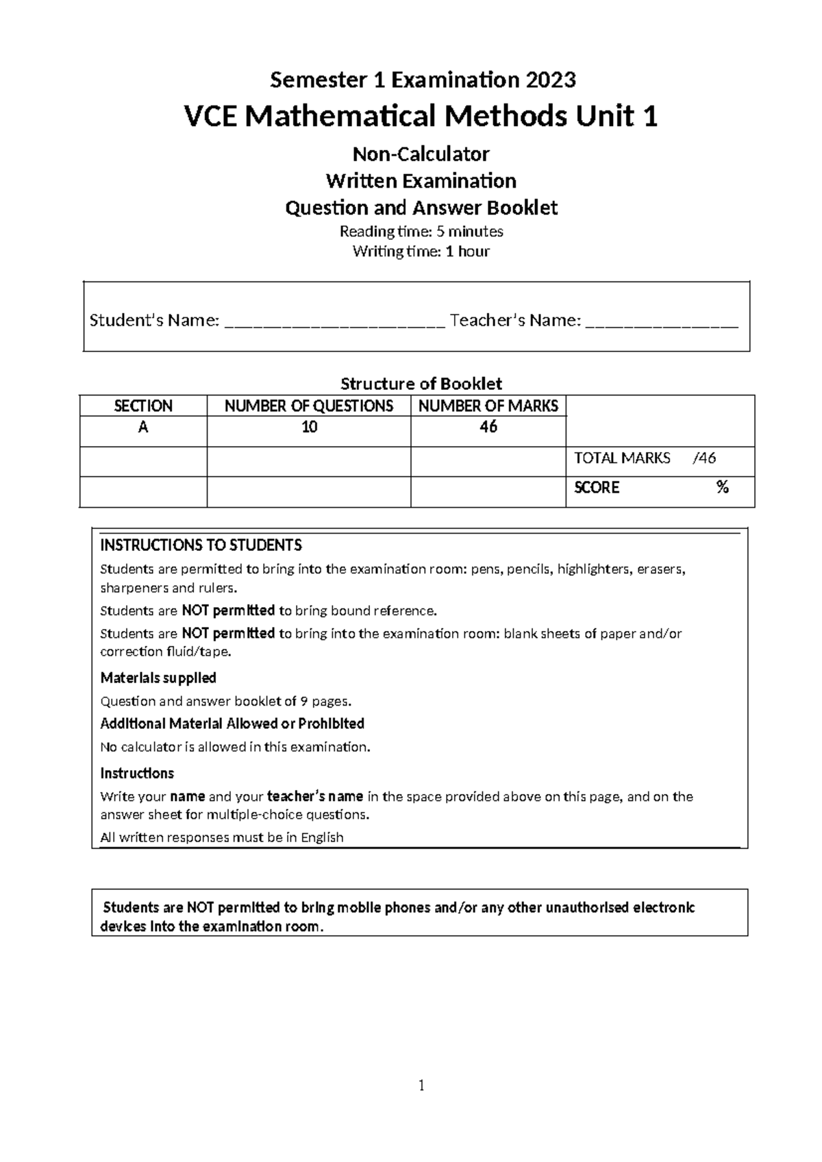 Year 11 Maths Methods - Semester 1 Examination 2023 VCE Mathematical ...