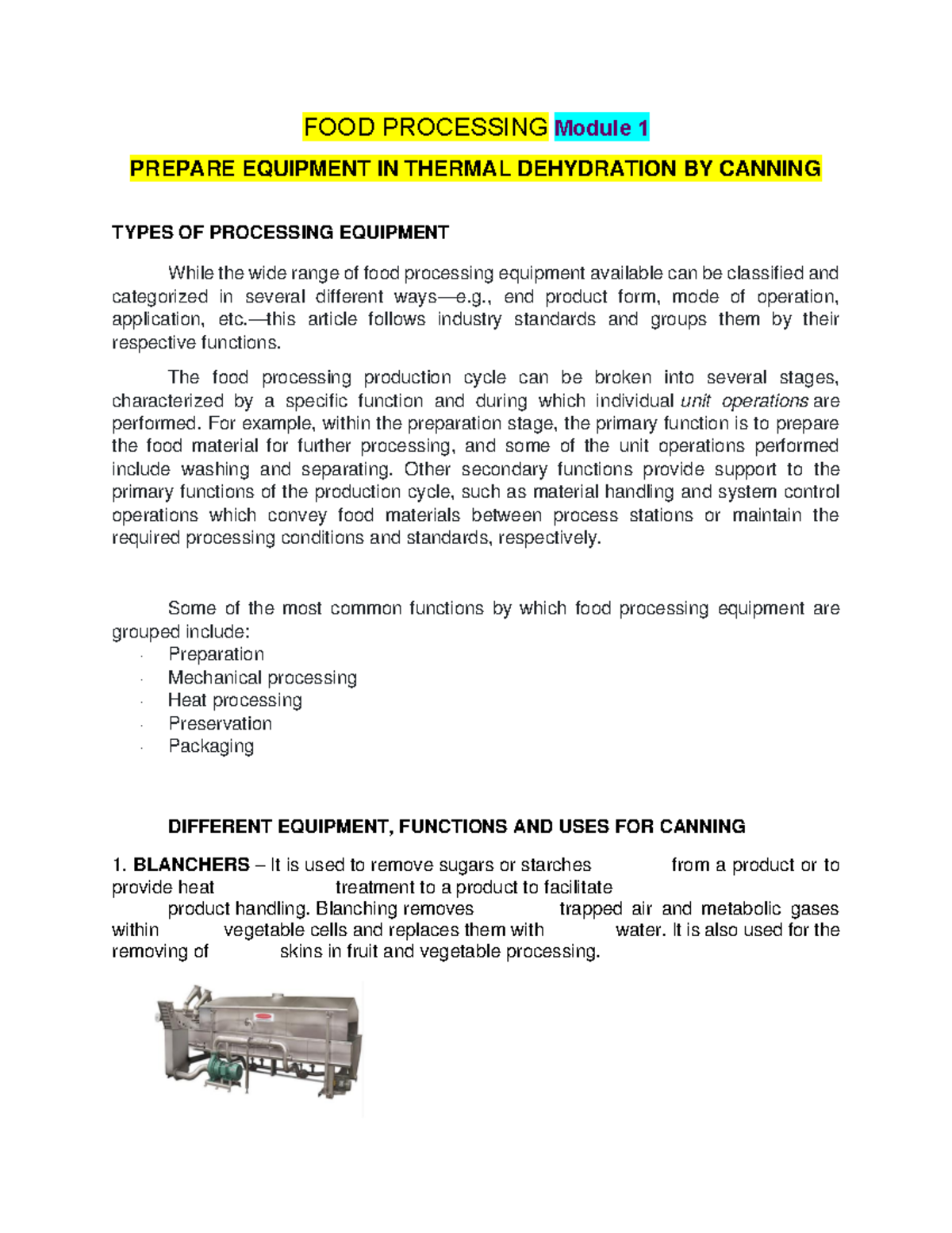 TLE 10 FOOD PRO - ####### FOOD PROCESSING Module 1 PREPARE EQUIPMENT IN ...