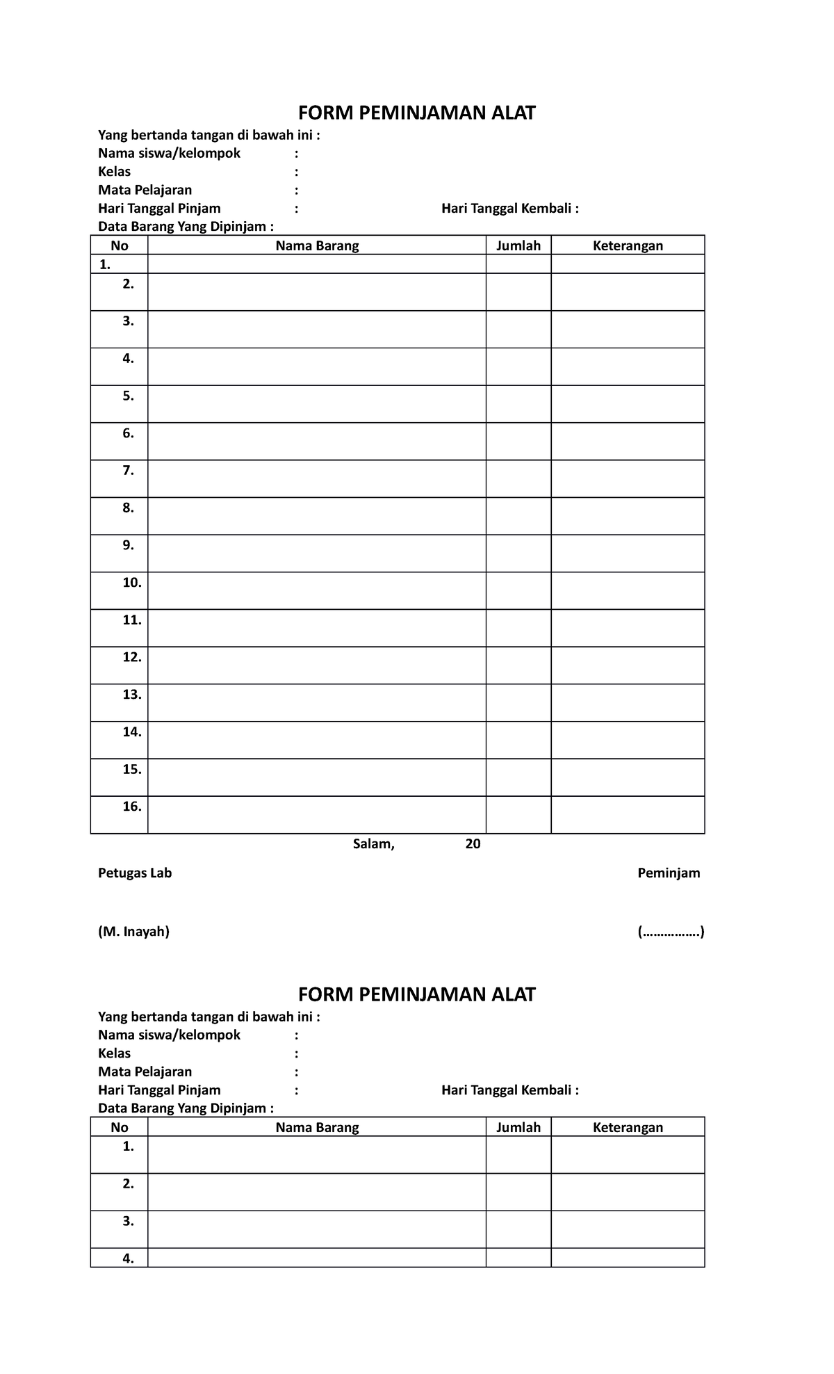 FORM Peminjaman ALAT - FORM PEMINJAMAN ALAT Yang bertanda tangan di ...