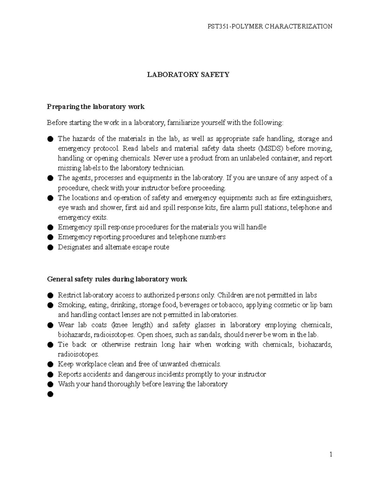 PST351 Manual Laboratory for student - LABORATORY SAFETY Preparing the ...