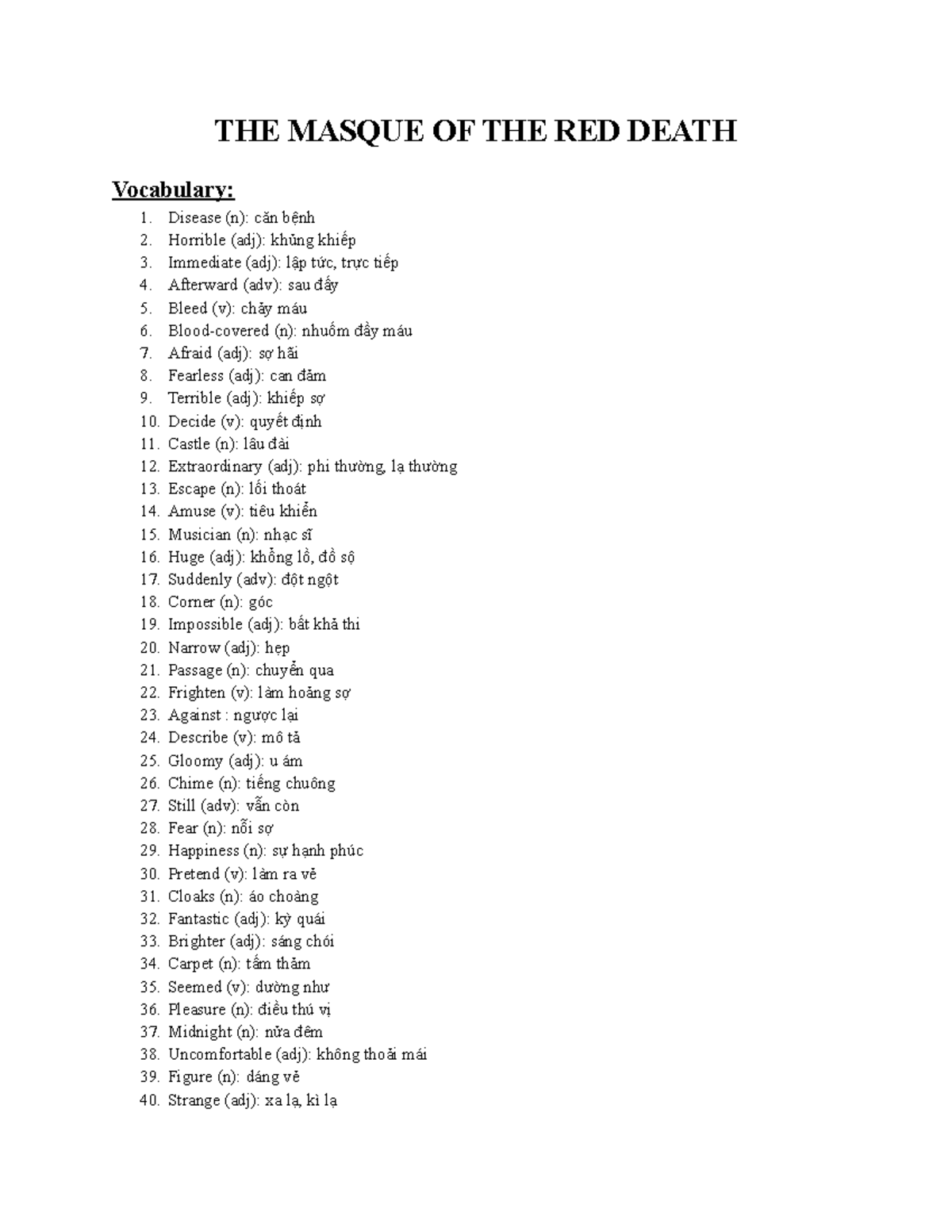 GEP2 - Reading Porfolio - 1 - THE MASQUE OF THE RED DEATH Vocabulary ...