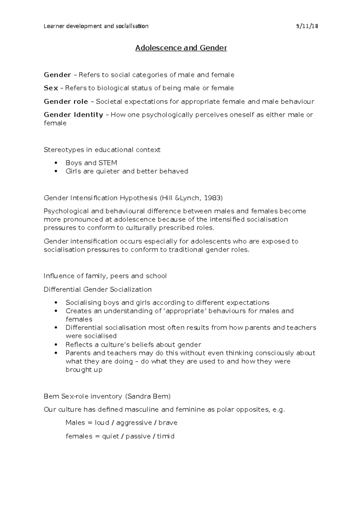 Developmental psychology - Lecture 6 notes - Adolescence and Gender ...