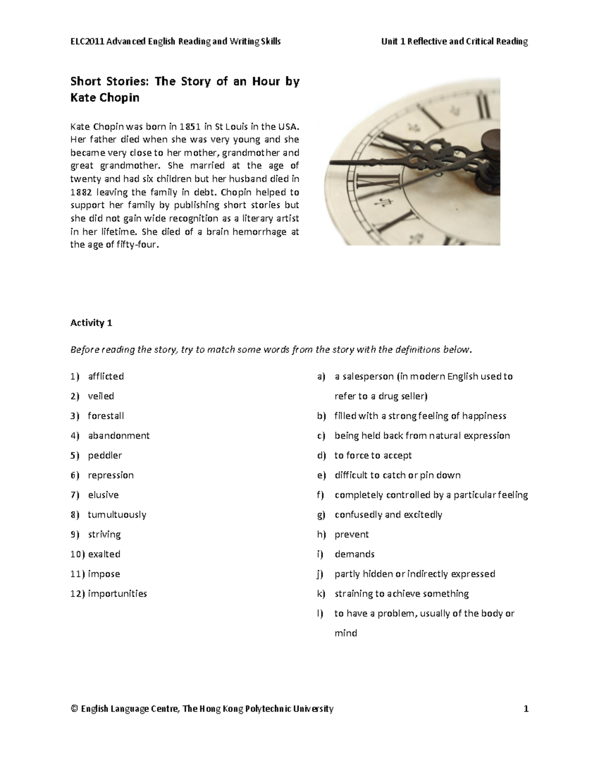 Unit 1.9 Short Stories - The Story of an Hour by Kate Chopin - Short ...