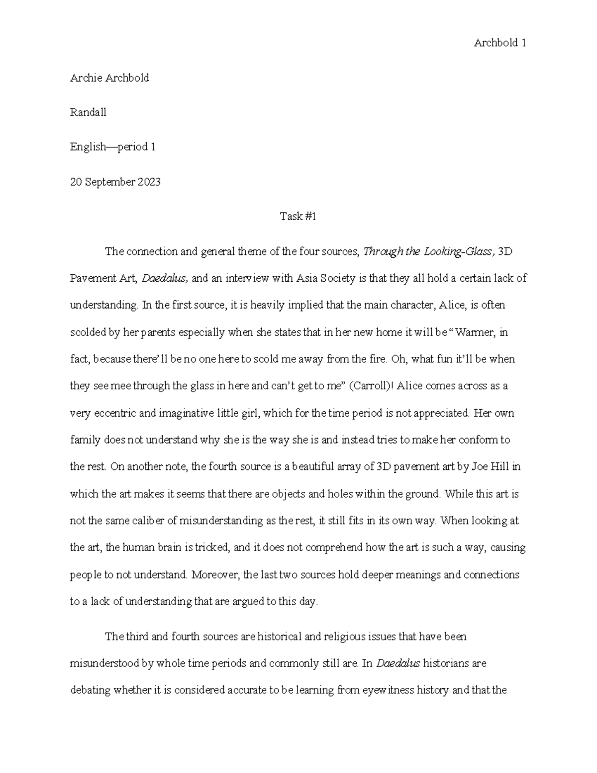 Introduction Assignment - Archie Archbold Randall English—period 1 20 ...