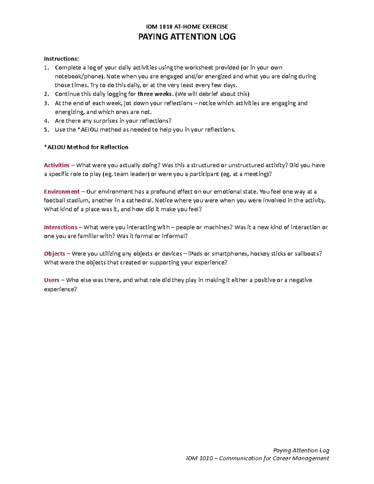 Paying Attention Log Template - IDM 1010 AT-HOME EXERCISE PAYING ...