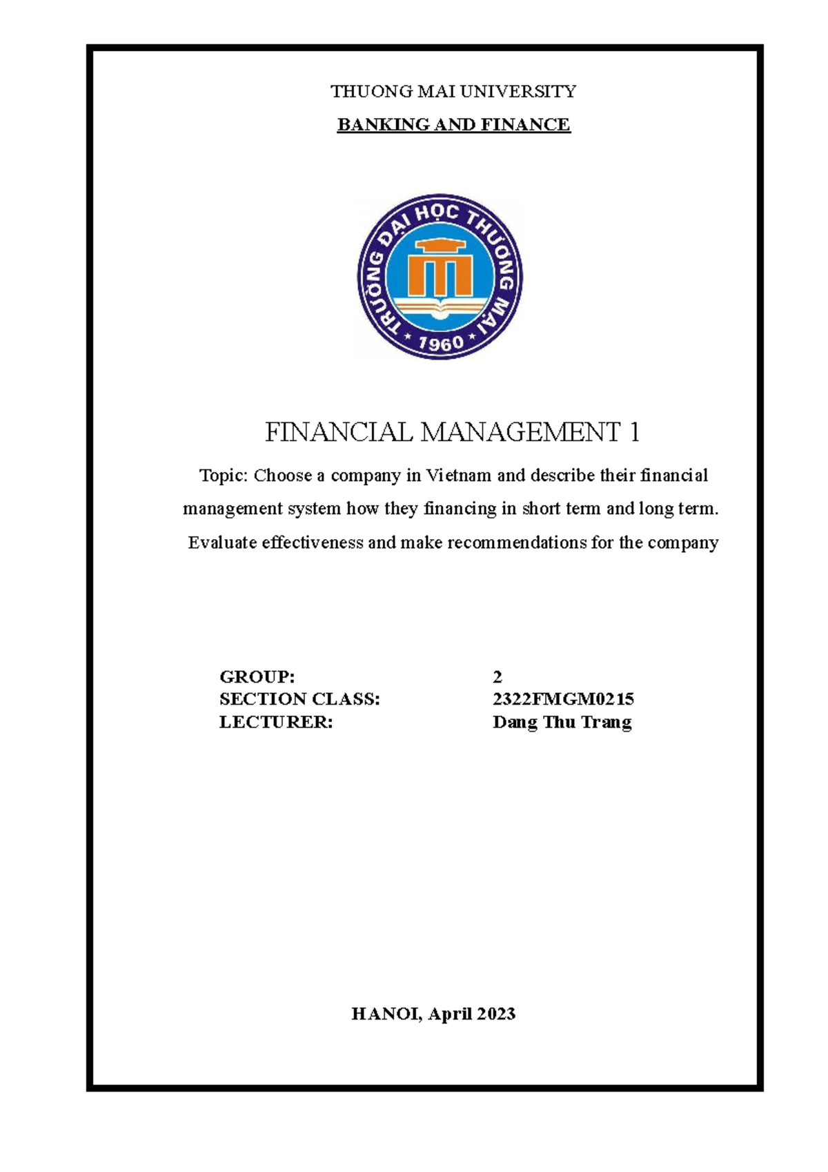 Financial Management 1 - THUONG MAI UNIVERSITY BANKING AND FINANCE ...