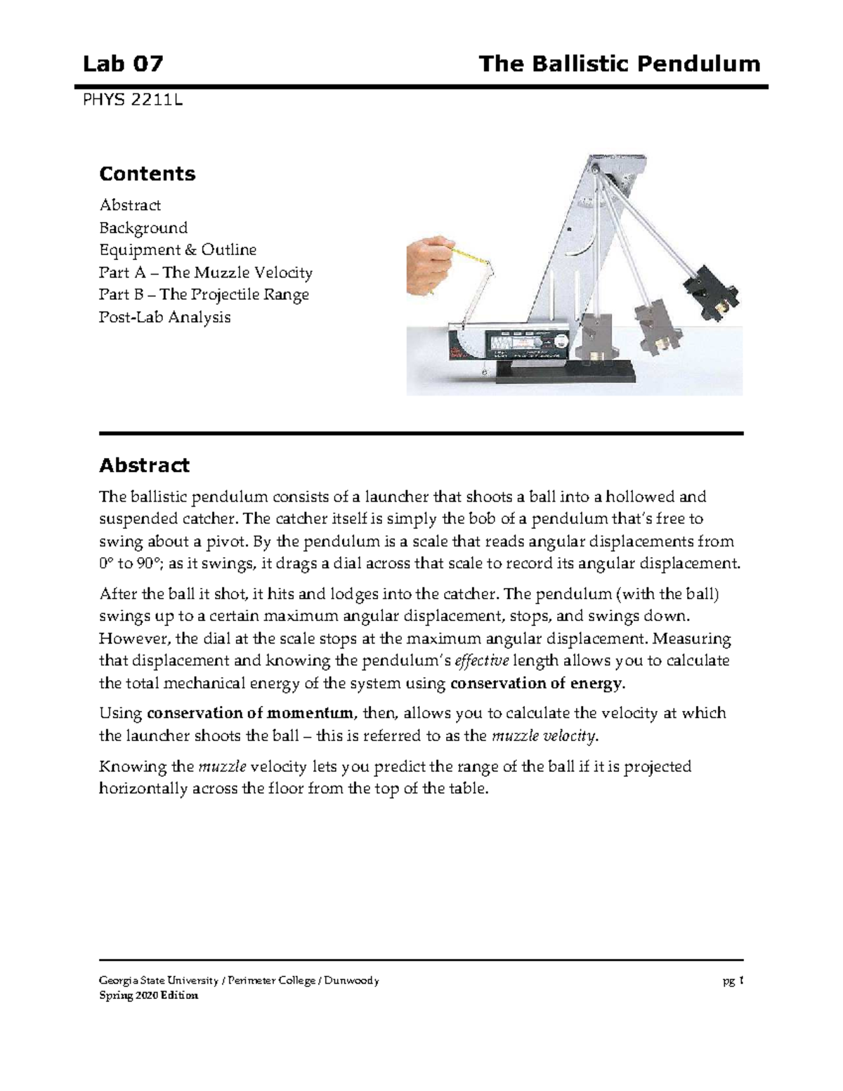 Lab 07 The Ballistic Pendulum - PHYS 2211L Georgia State University ...