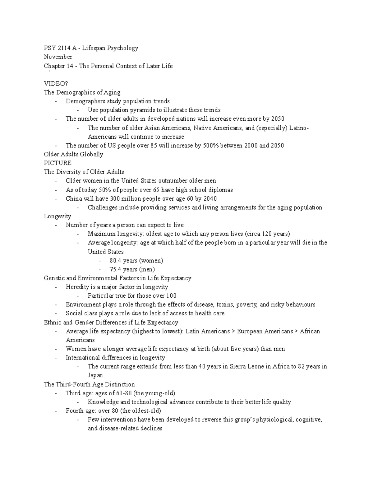 Chapter 14 - The Personal Context of Later Life - PSY 2114 A - Lifespan ...