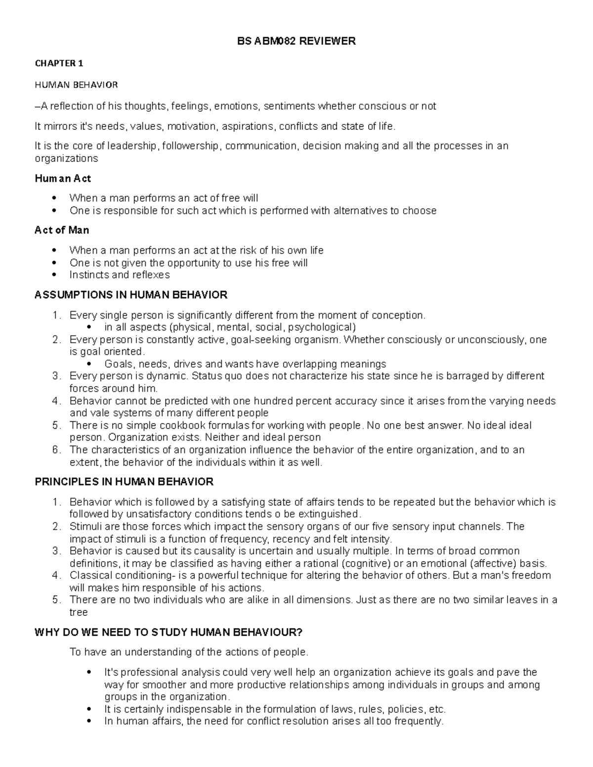 ABM082 Reviewer - BS ABM082 REVIEWER CHAPTER 1 HUMAN BEHAVIOR –A ...