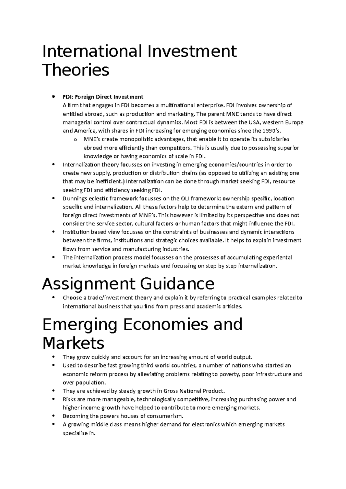 International Business Notes - International Investment Theories FDI ...