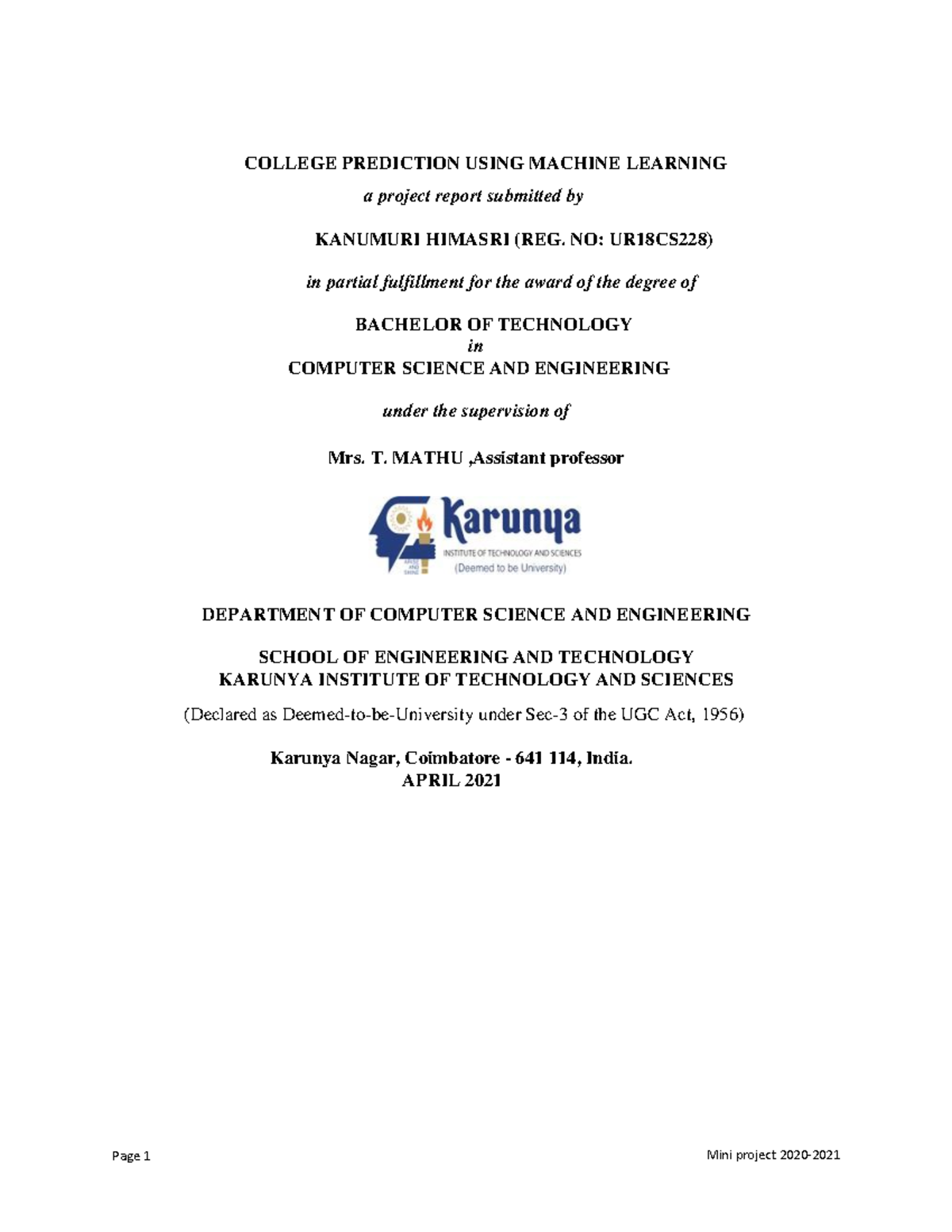 College prediction - Page 1 Mini project 2020- 2021 COLLEGE PREDICTION ...