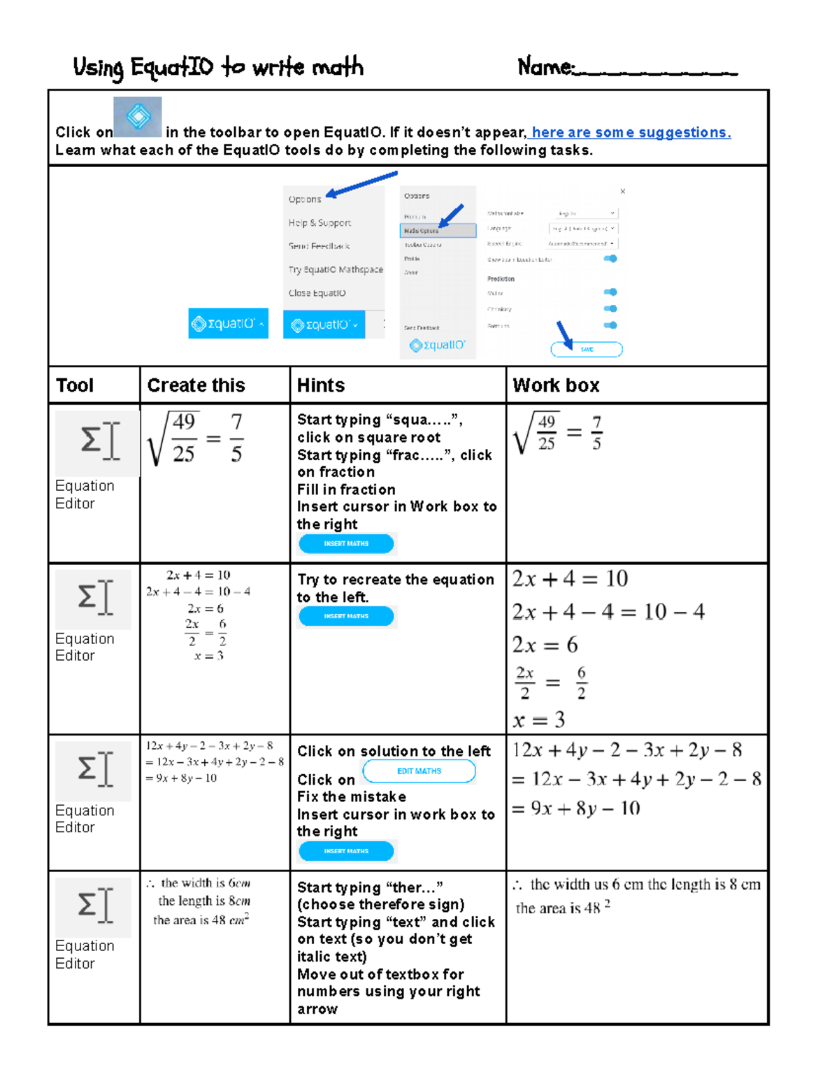 Equat IO Student Assignment #1 - Using EquatIO to write math Name ...