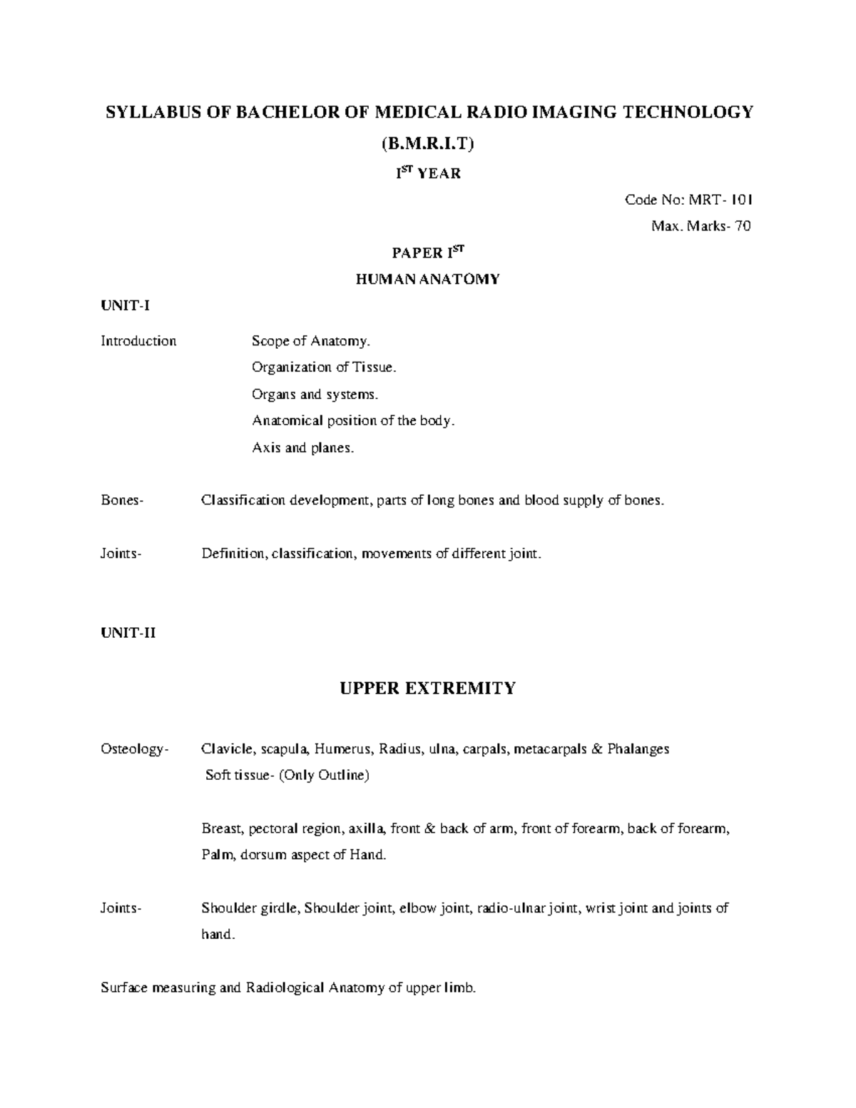 Syllabus of Bmrit - No need - SYLLABUS OF BACHELOR OF MEDICAL RADIO ...