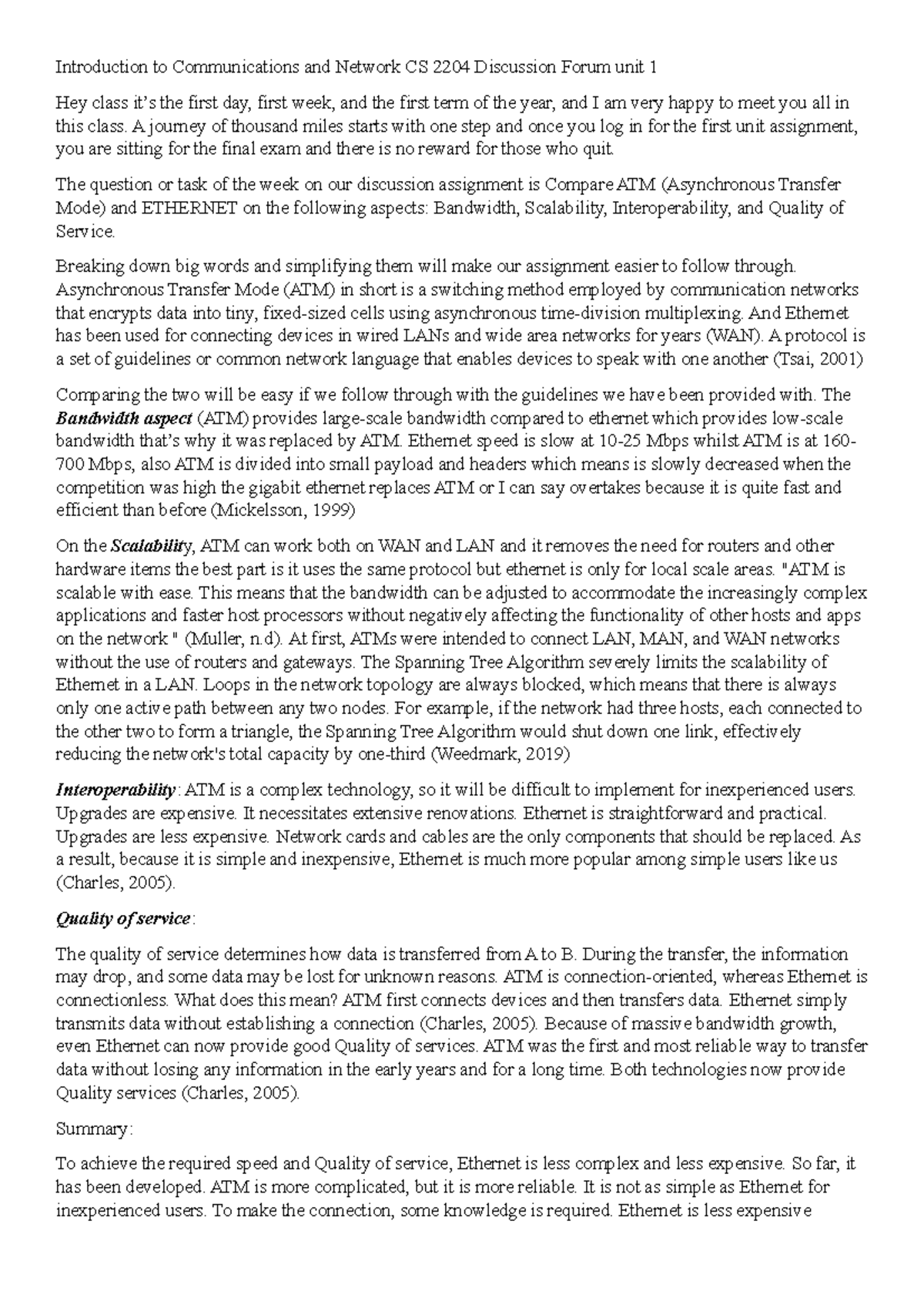 Introduction to Communications and Network CS 2204 Discussion Forum unit 1 - A journey of ...