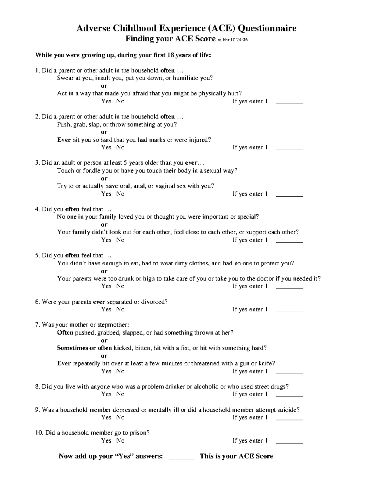 ACE Questionnaire(1) - ACE - Adverse Childhood Experience (ACE ...